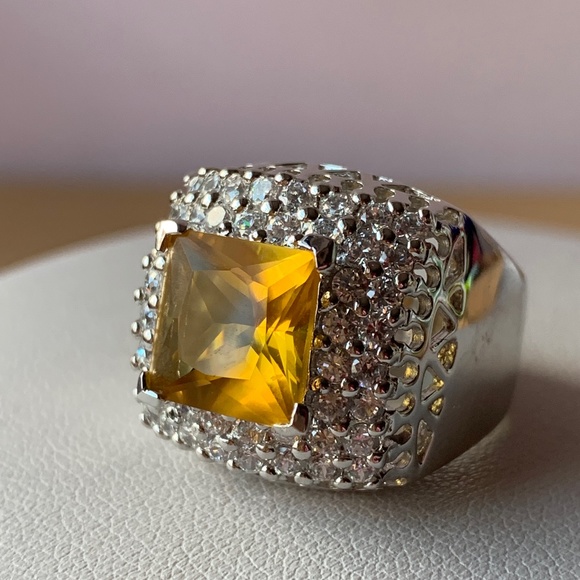 Jewelry | Vintage Huge Yellow White Cz Paste Glass Stone Ring 925 ...